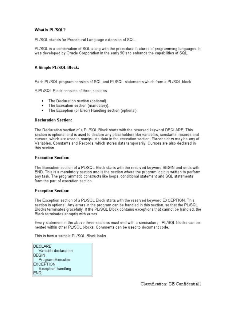 What Is PL/SQL?: Classification: GE Confidential1 | PDF | Pl/Sql ...