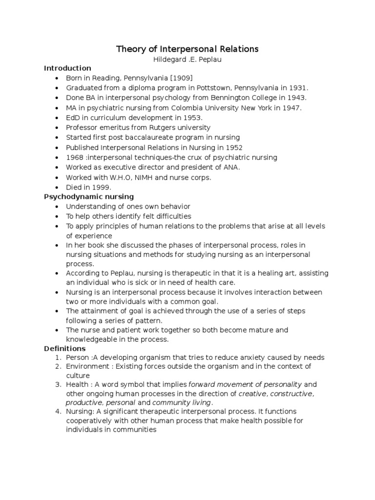 Theory of Interpersonal Relations | PDF | Nursing | Interpersonal ...