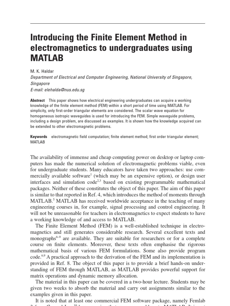 10 Introducing The Finite Element Method In Electromagnetics To Undergraduates Using Matlab Pdf