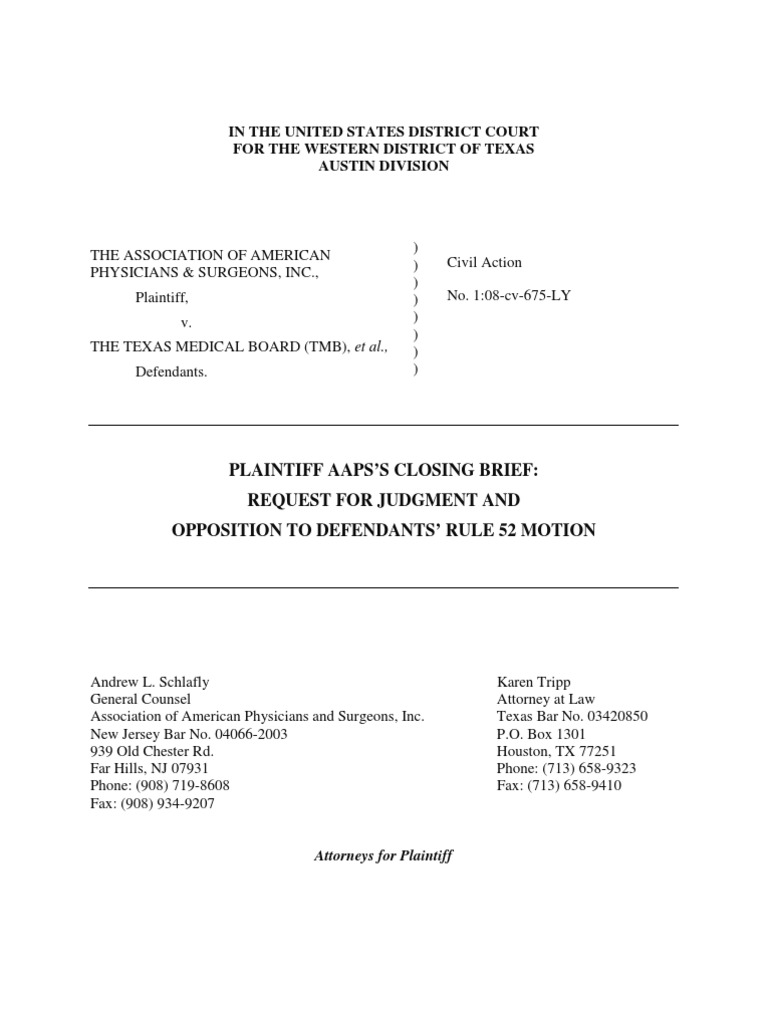 Plaintiff Closing Brief 08 Cv 675 LY | First Amendment To The United ...