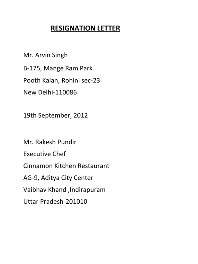 Resignation Letter Template for Chefs | PDF