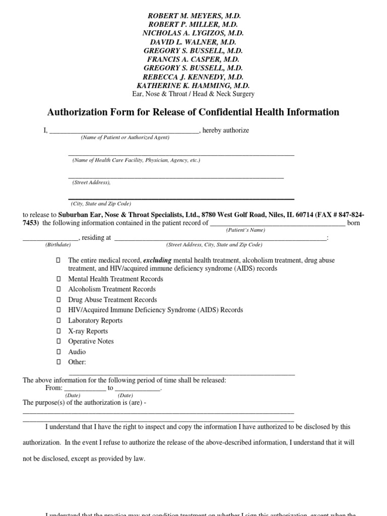 Authorization Form For Release of Confidential Health Information | PDF ...