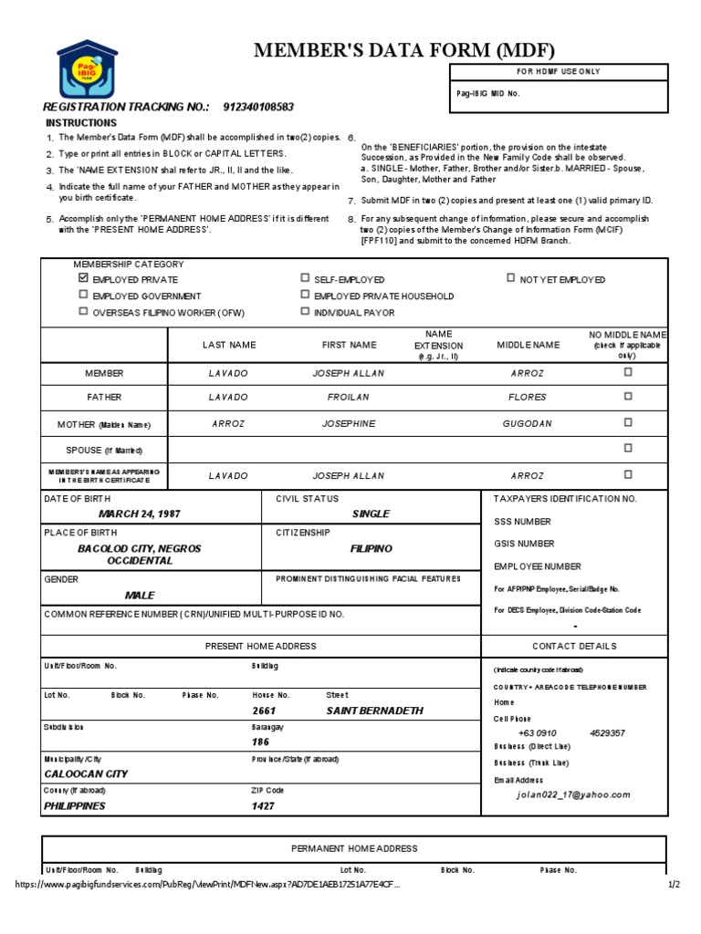 Member's Data Form (MDF) Print (No | PDF | Birth Certificate | Address ...