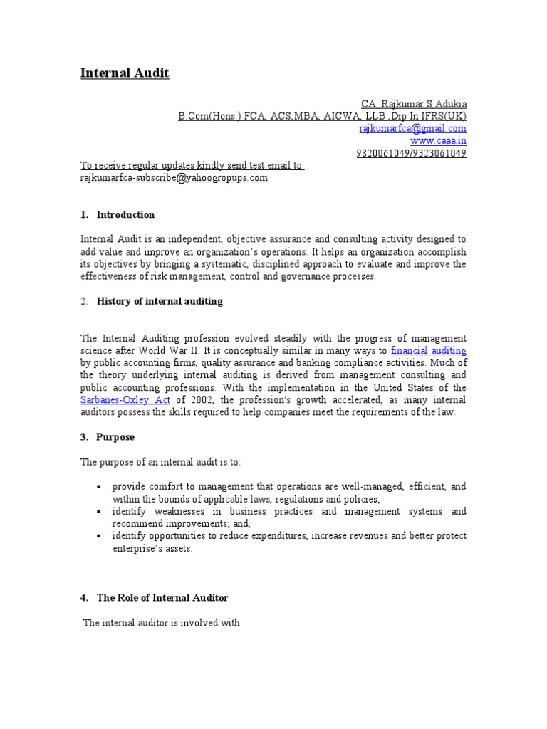 Notes On Internal Audit | PDF | Internal Audit | Audit