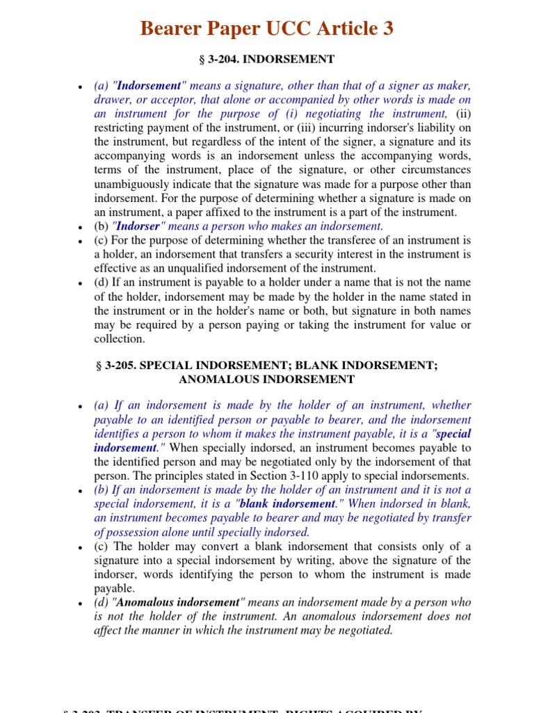 Bearer Paper UCC Article 3: 3-204. INDORSEMENT | PDF | Uniform ...