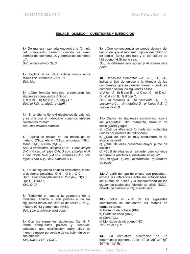 Enlace Quimico 1 Bach Pdf Enlace Covalente Enlace Químico