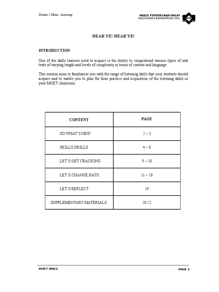 MUET Listening Skills Trainer's Guide | PDF | Question | Top Down And ...