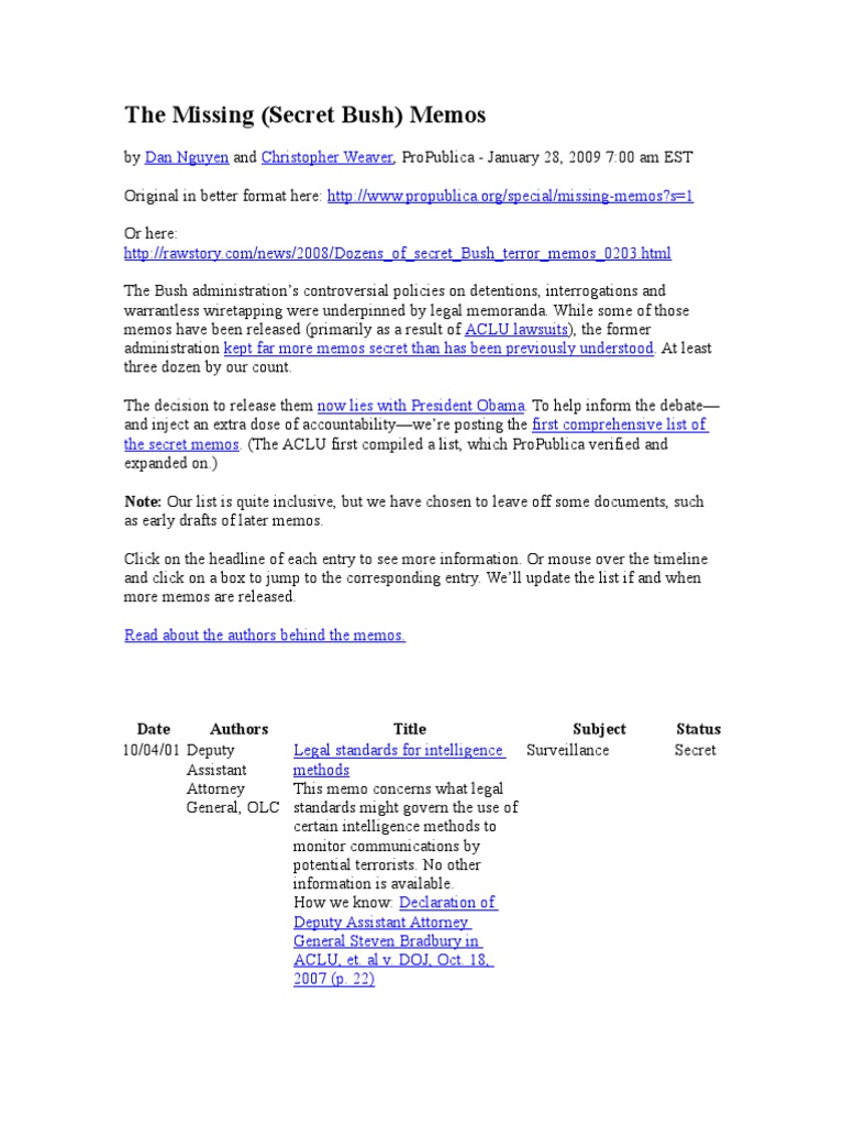 The Missing Secret Bush Memos | PDF | Detention (Imprisonment ...