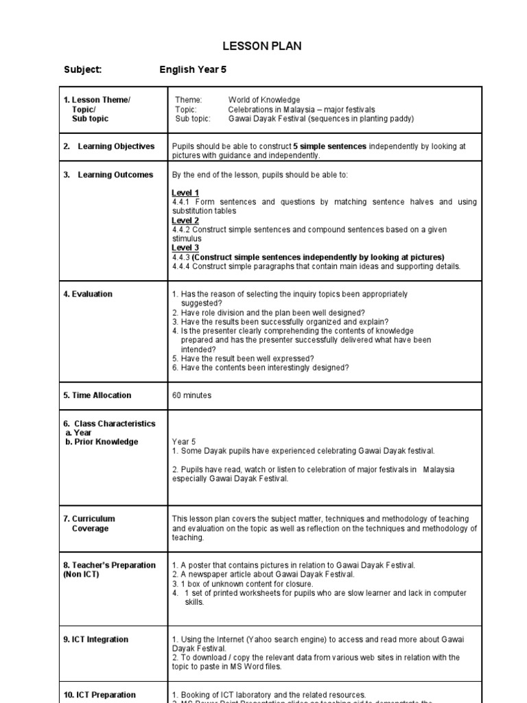 Year 5 English Lesson Plan: Gawai Dayak | PDF | Lesson Plan ...