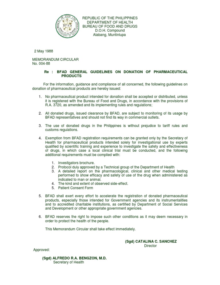 1988 05 02 No. 1988-04 BFAD General Guidelines On Donation of ...