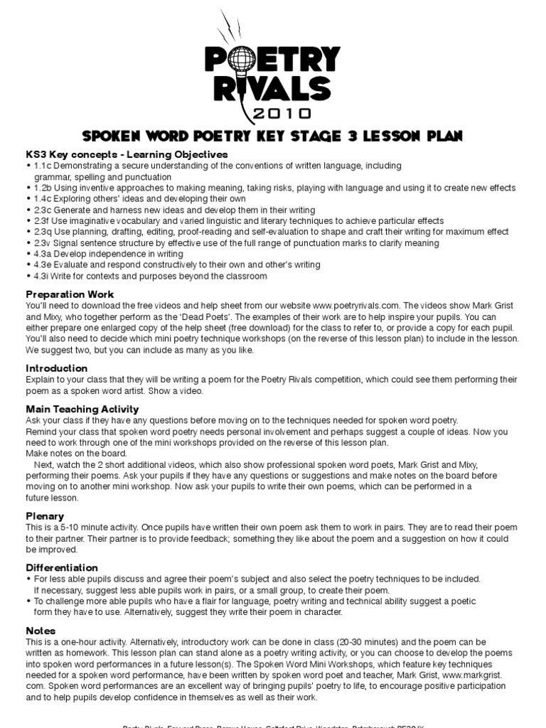 KS3 Spoken Word Poetry Lesson Plan | PDF | Poetry | Lesson Plan