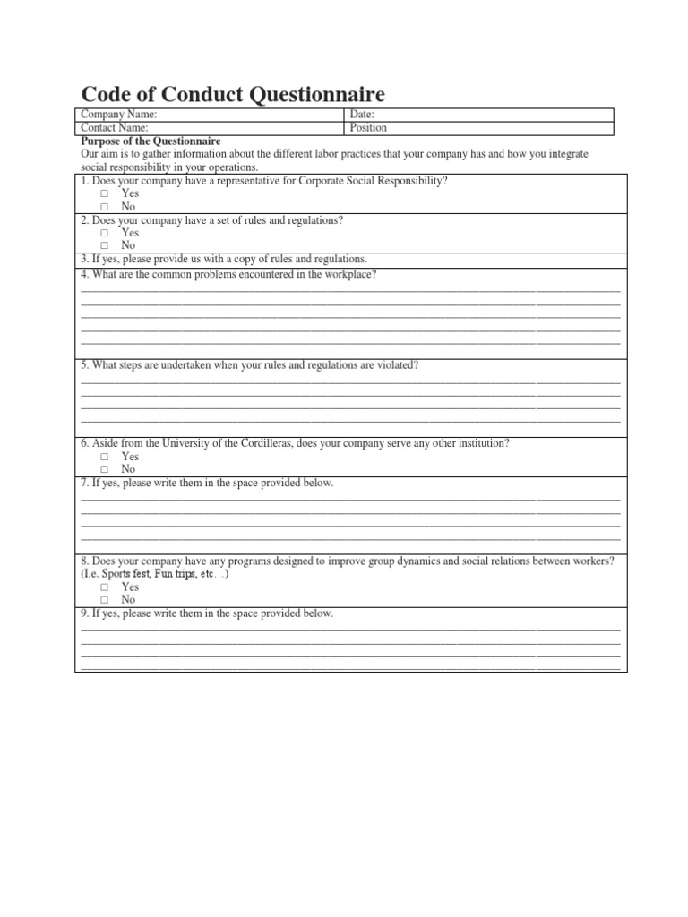 Code of Conduct Questionnaire | PDF