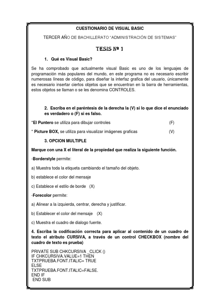 Cuestionario de Visual Basic2 | PDF | Básico | Point and Click