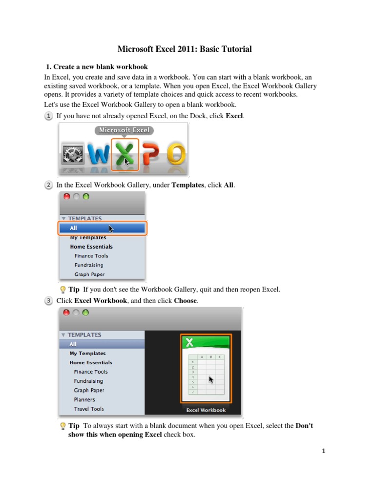 Microsoft Excel 2011: Basic Tutorial: 1. Create A New Blank Workbook | PDF | Microsoft Excel ...