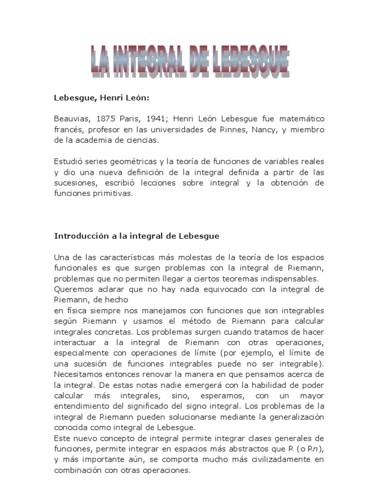 La Integral de Lebesgue (Completa) | PDF | Integración Lebesgue | Integral
