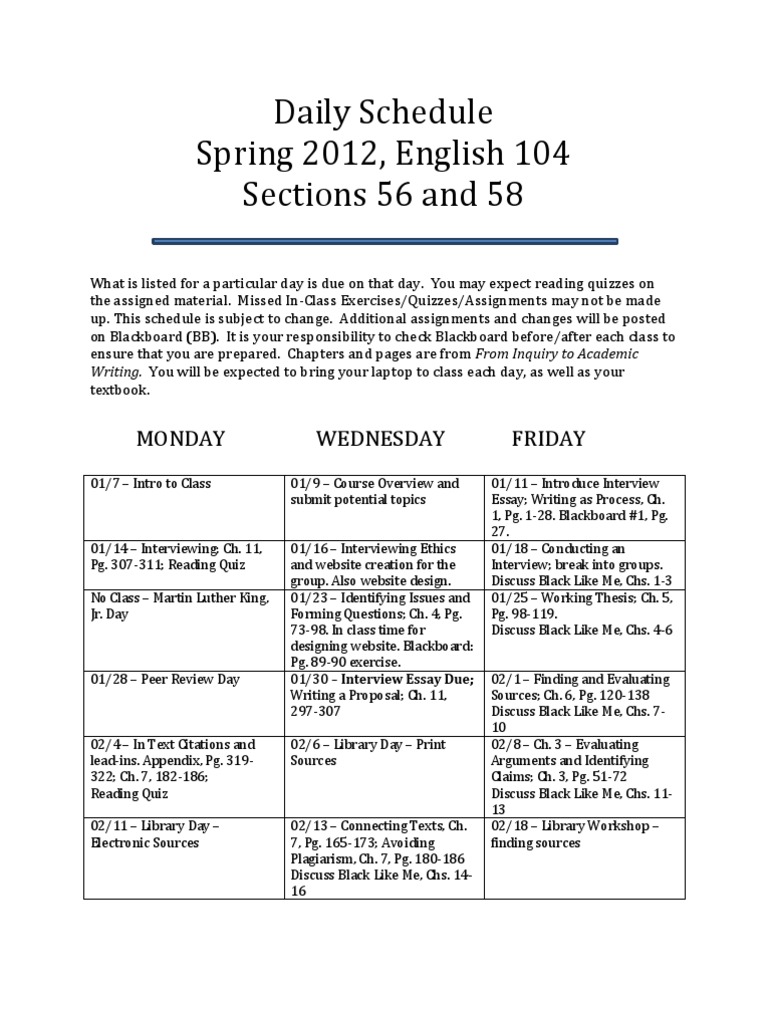 English 104 Daily Schedule | PDF | Quiz | Essays