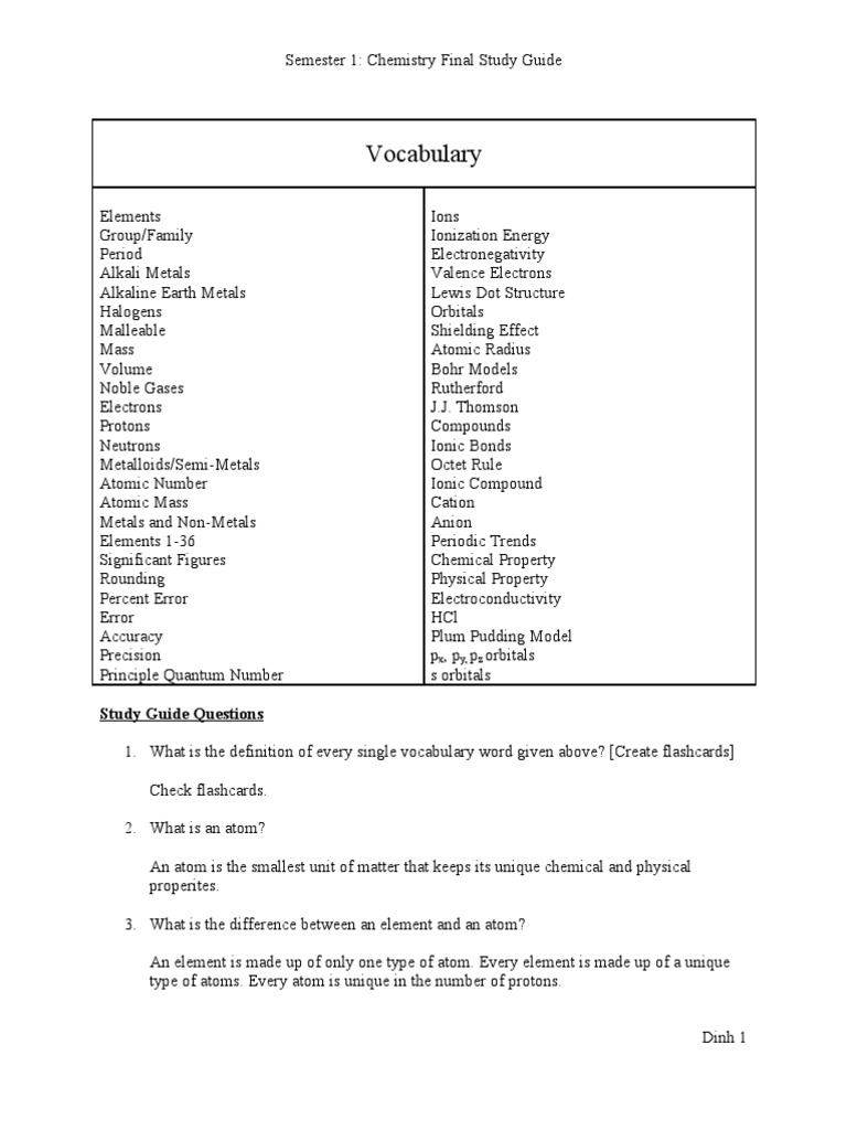 Chemistry Semester 1 Final Study Guide Key | PDF | Atoms | Ion