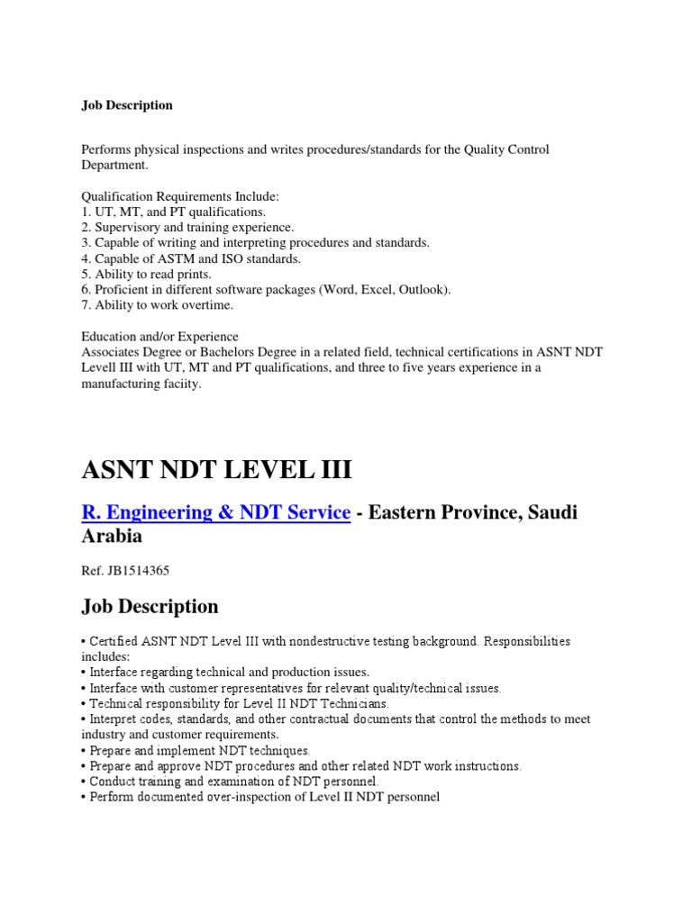NDT Level III Job Description | PDF | Nondestructive Testing ...