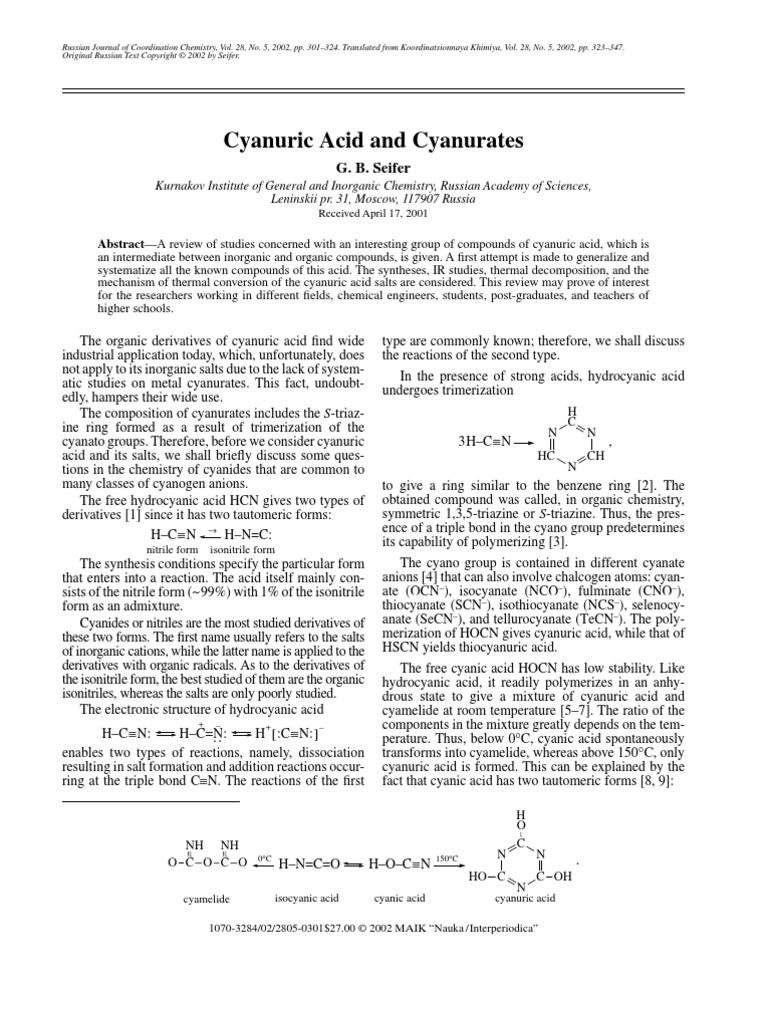 Cyanuric Acid and Cyanurates | PDF | Salt (Chemistry) | Chlorine