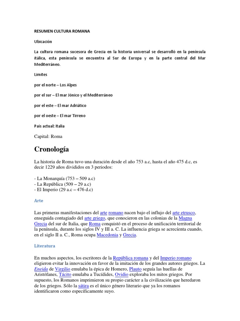 Resumen de la Cultura Romana | PDF | imperio Romano