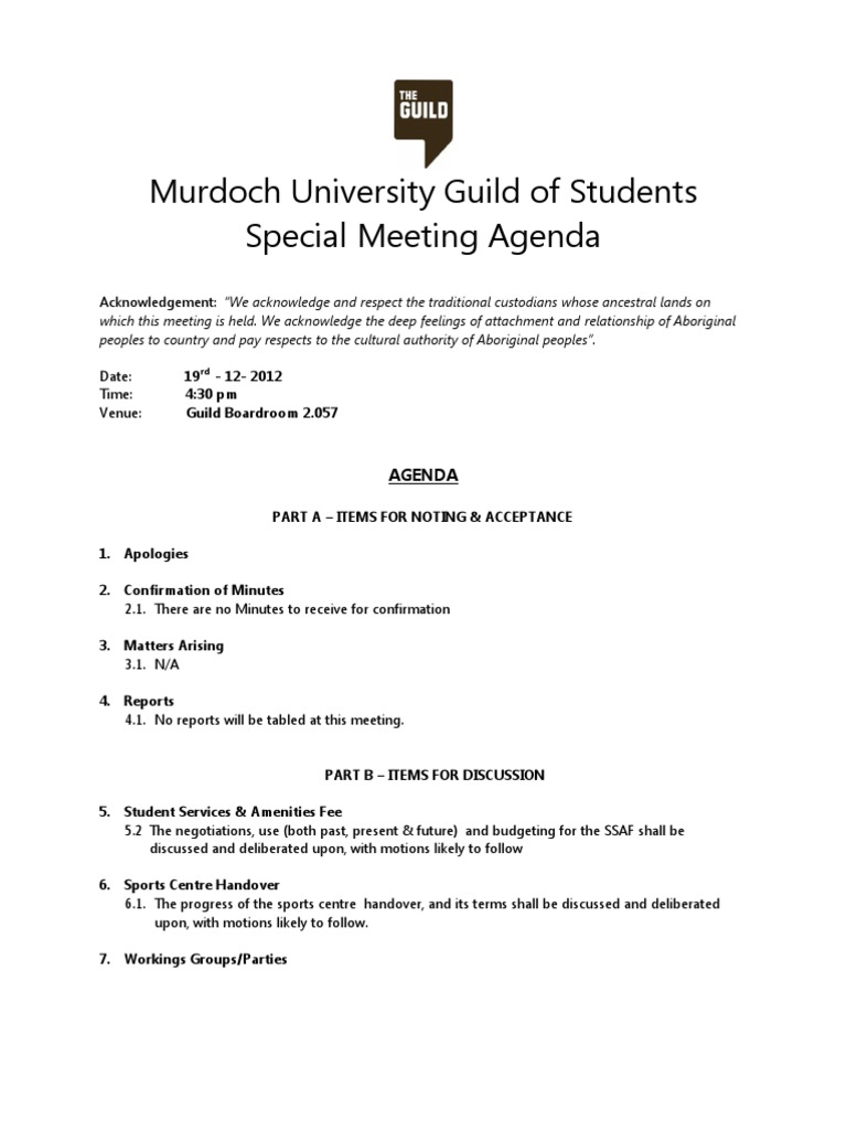 Guild Meeting Agenda: Key Discussions | PDF