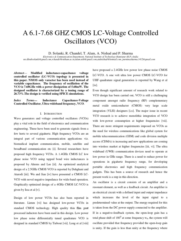A 6.1-7.68 GHZ CMOS LC-Voltage Controlled Oscillators (VCO) | PDF ...