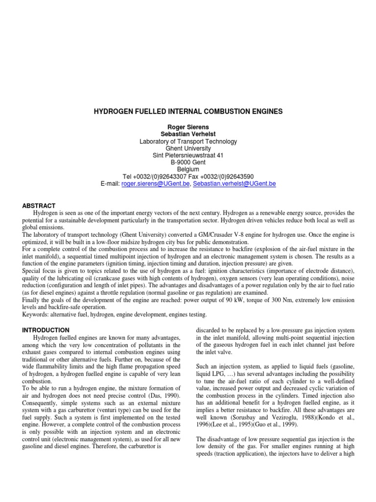 H2 Fuelled Internal Combustion Engine | PDF | Internal Combustion Engine | Fuel Injection