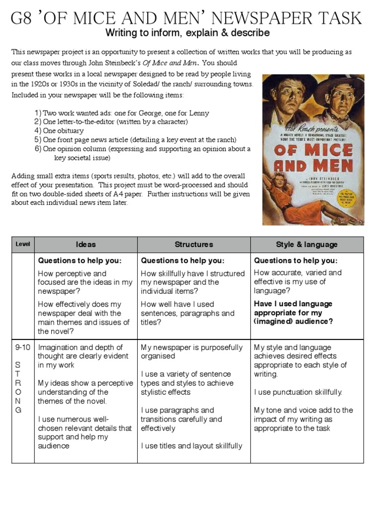 Of Mice and Men Newspaper Project Guide | PDF | Newspapers | Cognitive ...