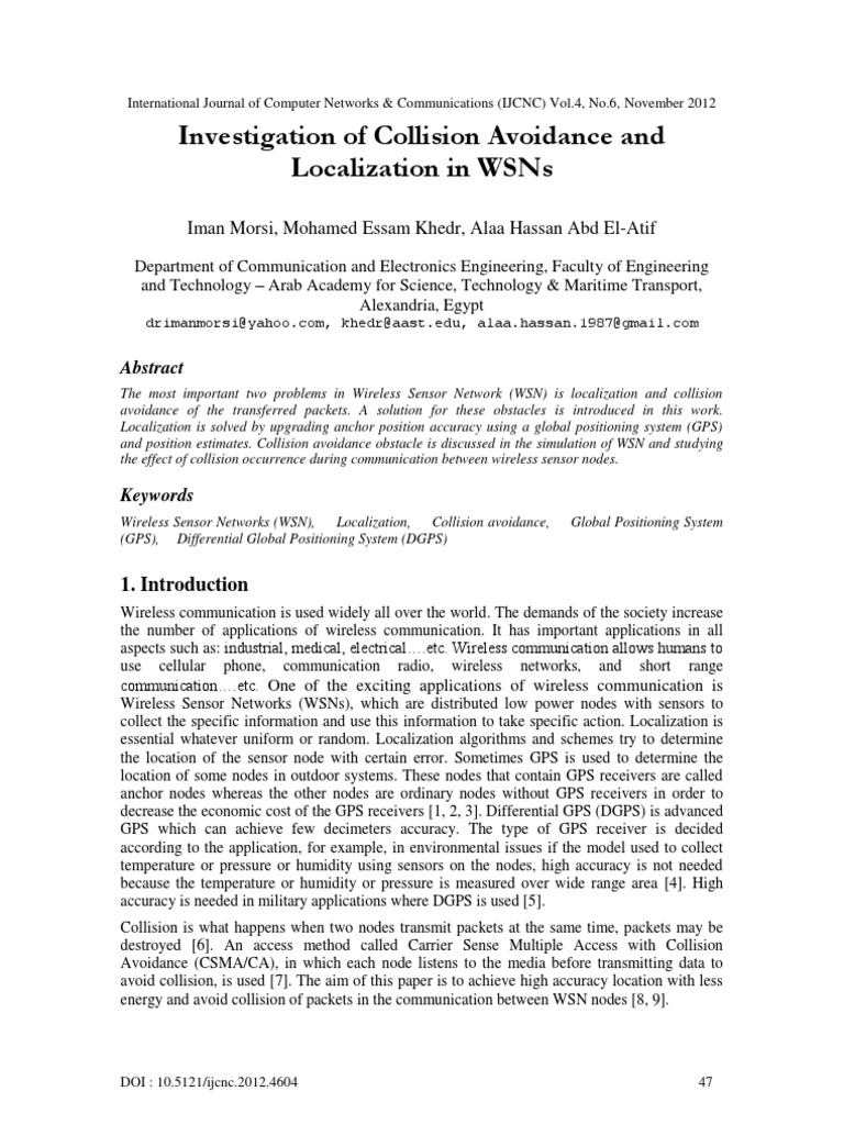 Investigation Of Collision Avoidance And Localization In Wsns Pdf