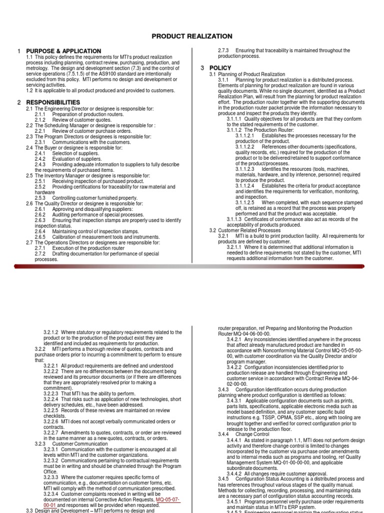 Planning of Product Realization Example | PDF | Calibration ...