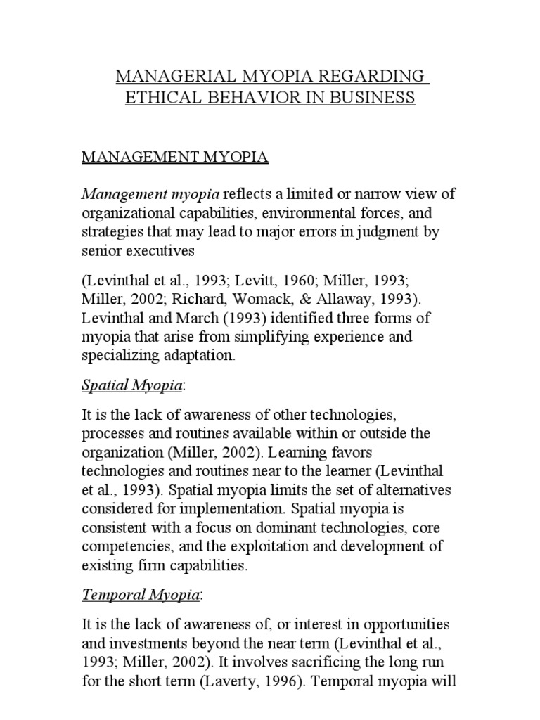 Managerial Myopia Regarding Ethical Behavior in Business | PDF ...