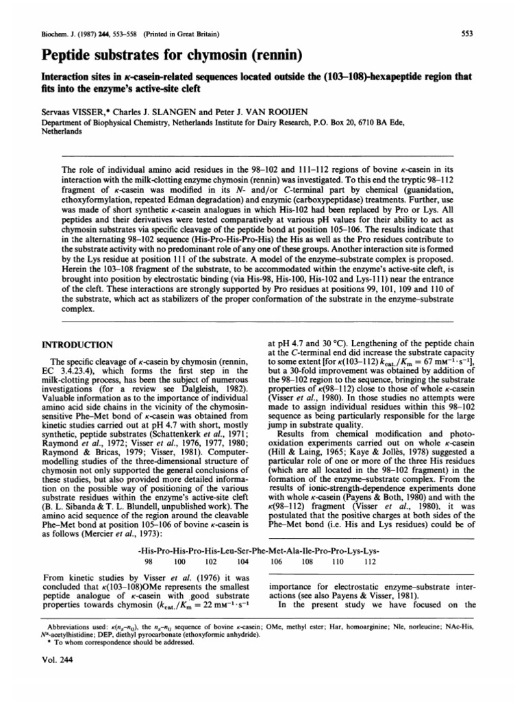 For Chymosin (Rennin) : Peptide Substrates | PDF | Enzyme Kinetics ...