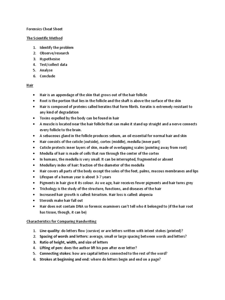 Forensics Cheat Sheet | PDF | Hair | Crime Scene