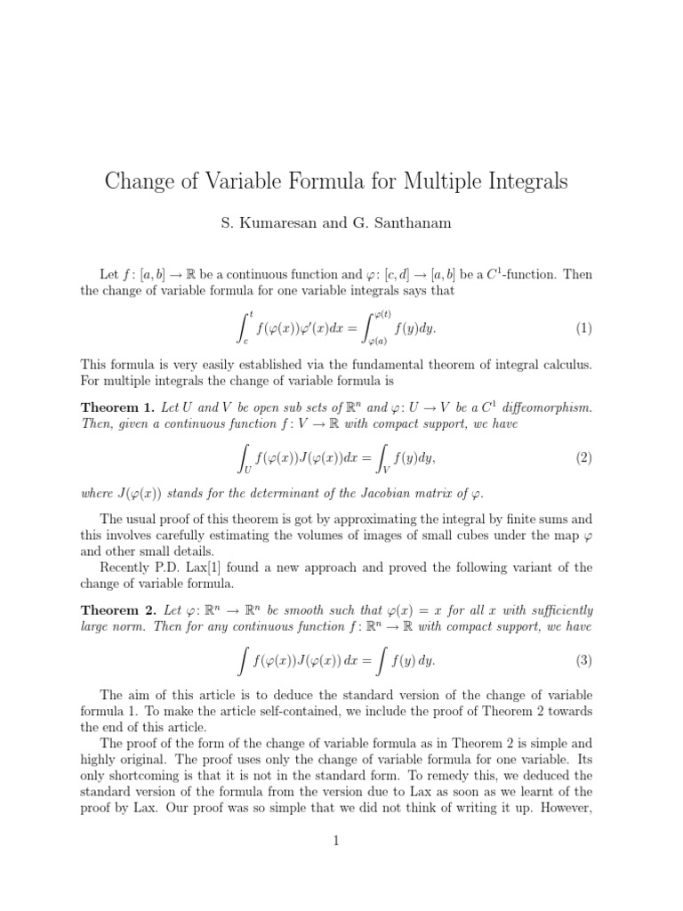 Change of Variable Formula For Multiple Integrals | PDF | Integral ...