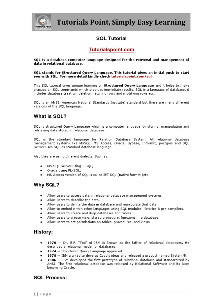 SQL Tutorial | PDF | Relational Database | Sql SQL Tutorial | PDF | Relational Database | Sql