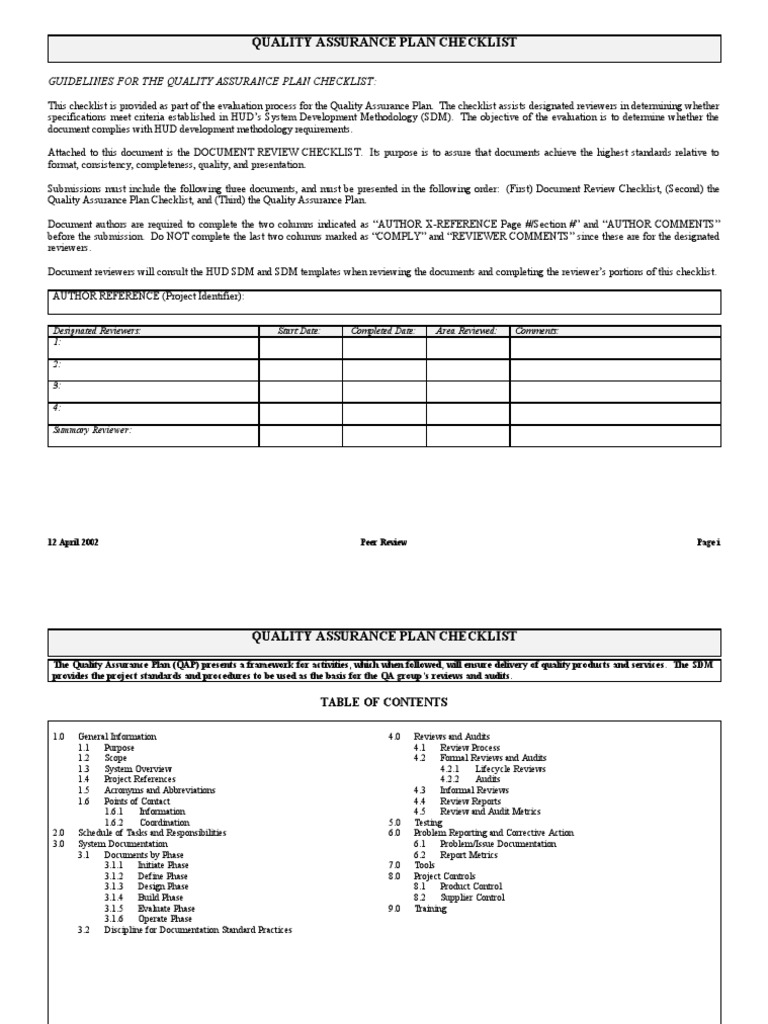 Quality Assurance Plan Checklist Guide | PDF | Quality Assurance ...