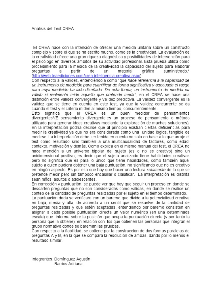 Analisis Del Test CREA | PDF | Validez (Estadísticas) | Creatividad