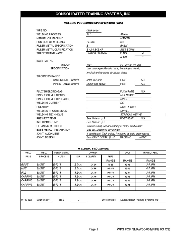 Wps For Smaw06-001 (Pipe 6g CS) | PDF | Welding | Construction