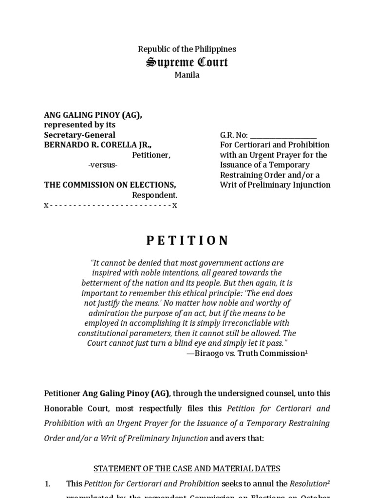 Ang Galing Pinoy vs. Comelec (Petition For Certiorari and Prohibition ... Ang Galing Pinoy vs. Comelec (Petition For Certiorari and Prohibition ...