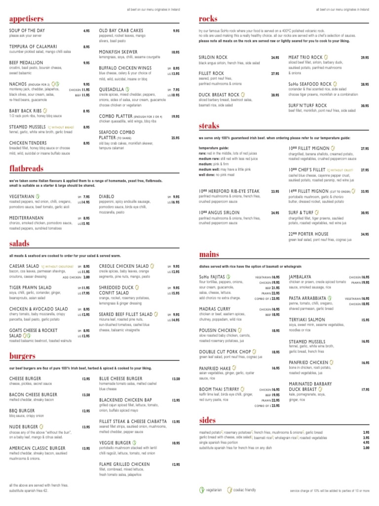 SoHo Dinner Menu | PDF | Salad | Hamburgers