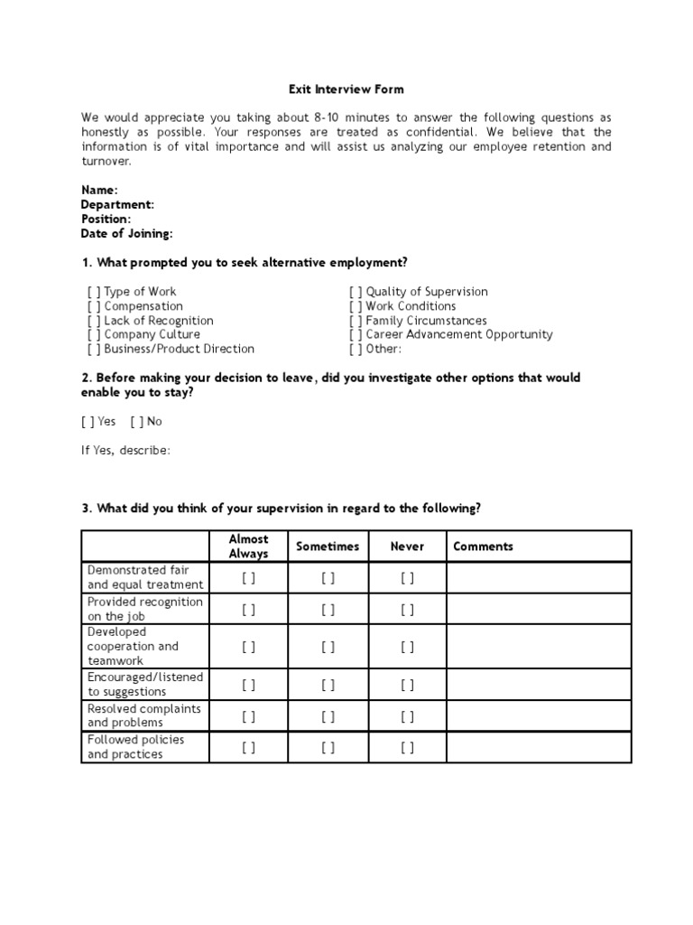 Exit Interview Form - Sample 2 | PDF | Organizational Behavior | Employment