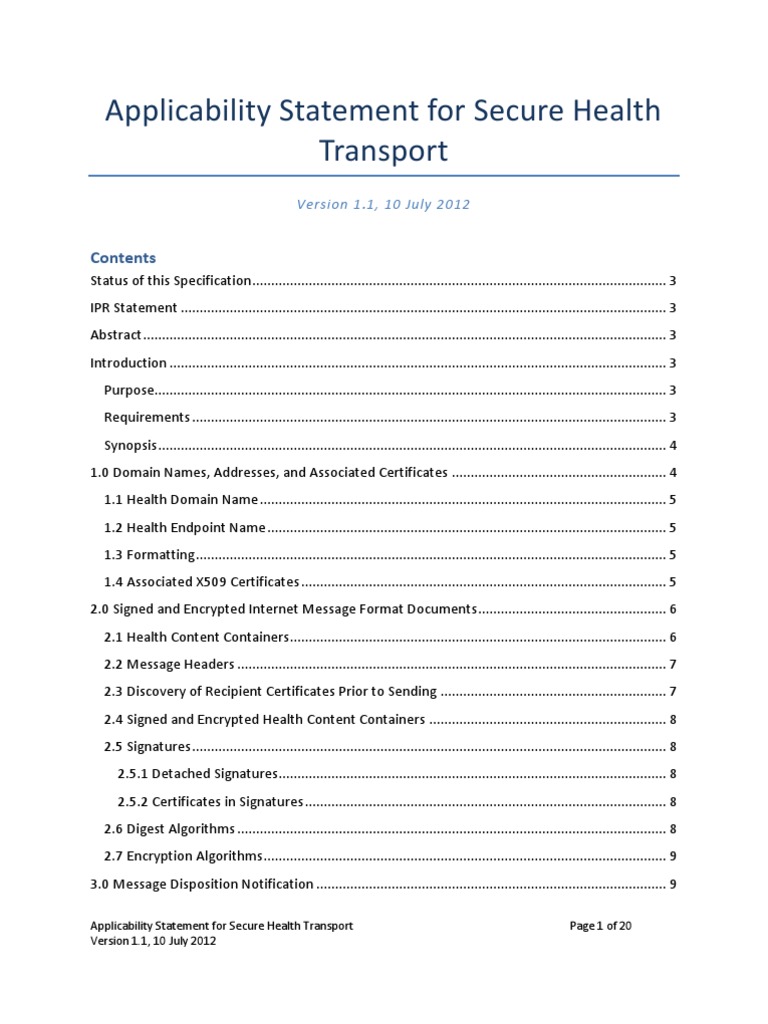 Applicability Statement For Secure Health Transport: Version 1.1, 10 ...