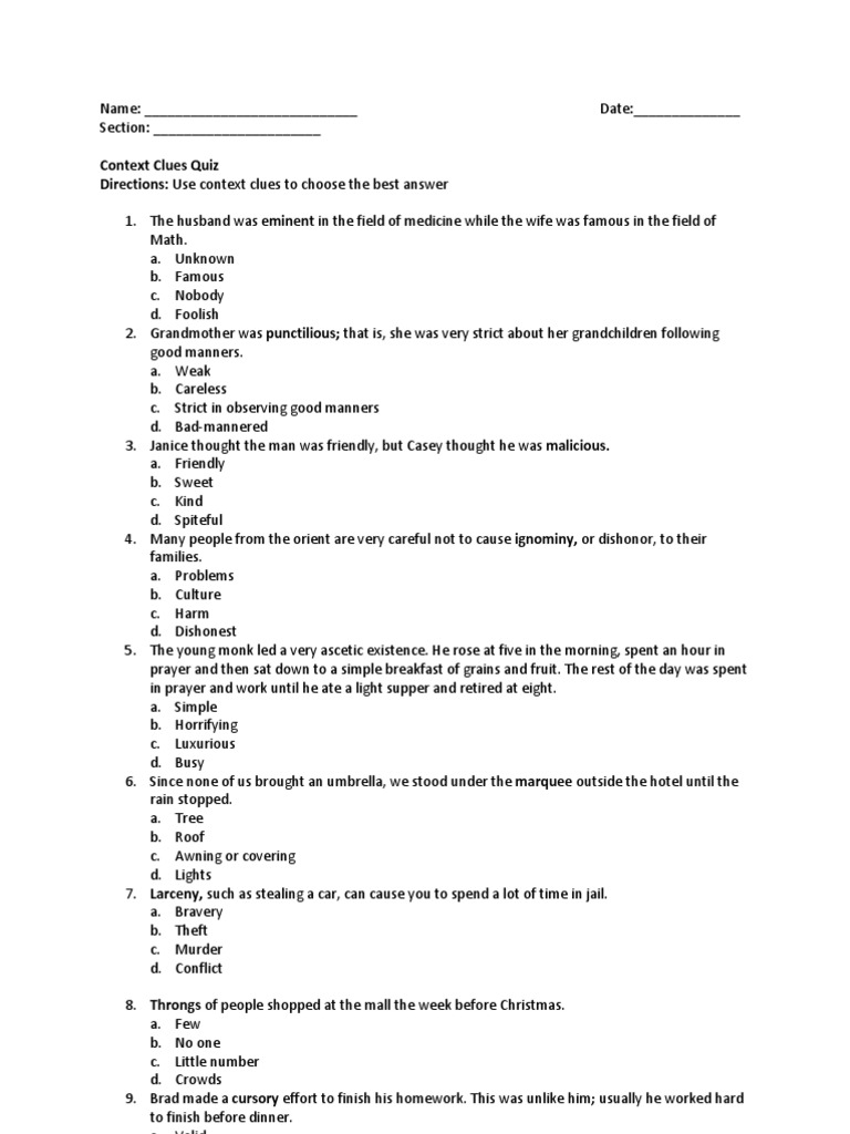 Context Clues Quiz Directions: Use Context Clues To Choose The Best ...