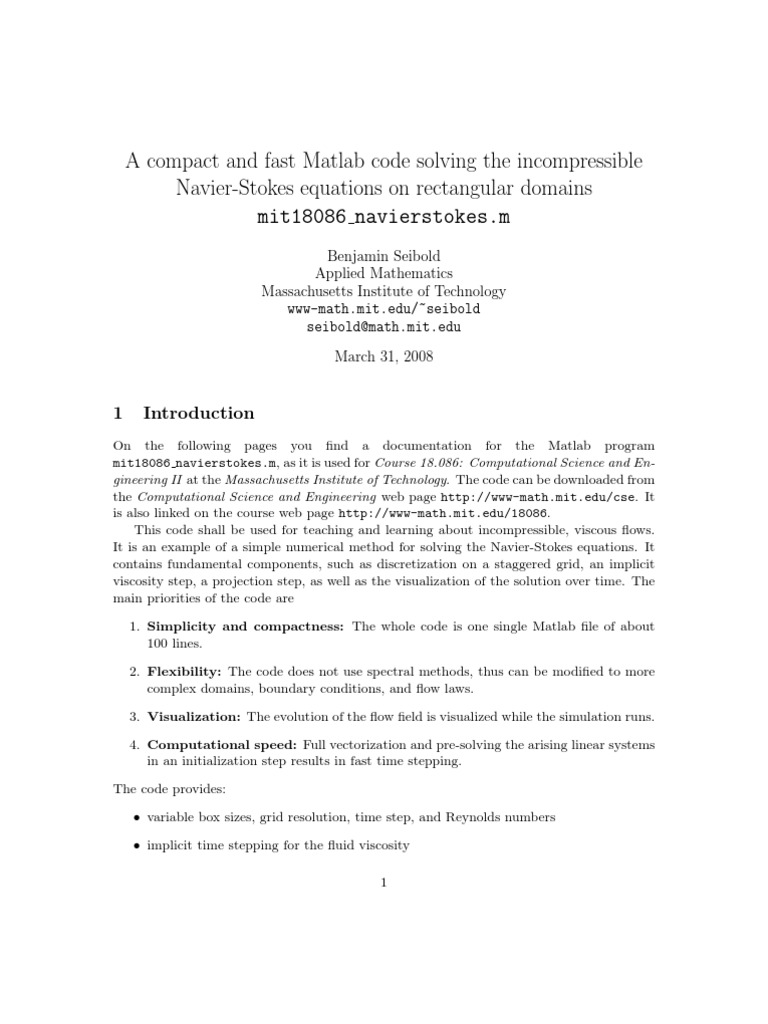 Compact Matlab Code for Navier-Stokes | PDF | Navier–Stokes Equations ...