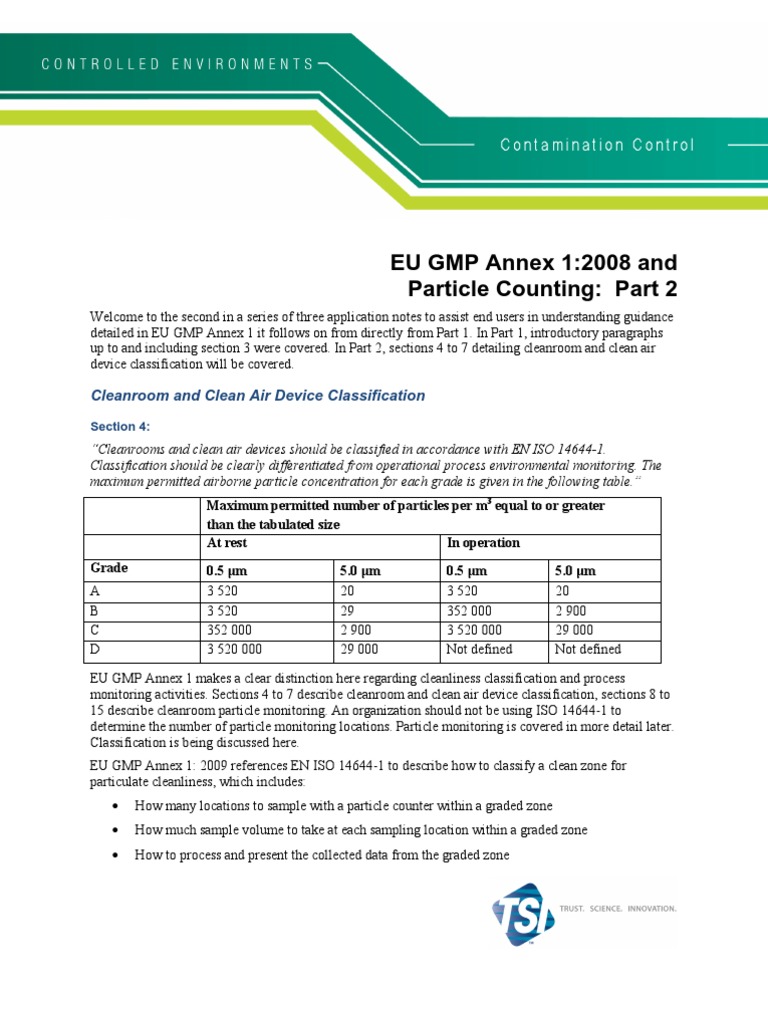 EU GMP Annex 1:2008 and Particle Counting: Part 2: Contamination Control