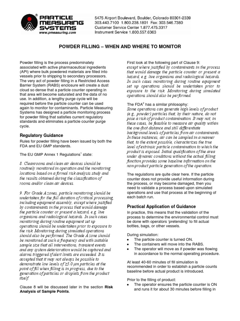 Powder Filling - When and Where To Monitor: Regulatory Guidance | PDF ...
