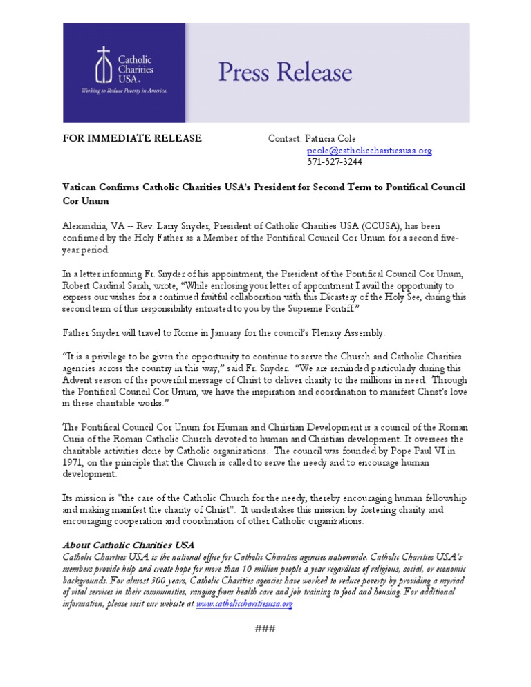 Fr. Snyder Reappointed to Cor Unum Council | PDF | Pope | Catholic Church