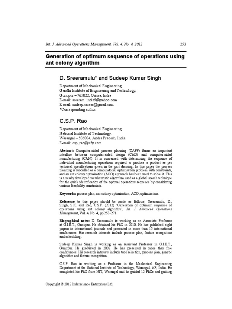 Generation Of Optimum Sequence Of Operations Using Ant Colony Algorithm By Sudeep Singh Pdf