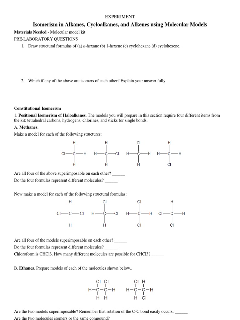 Isomerism in Alkanes, Cycloalkanes, and Alkenes Using Molecular Models ...