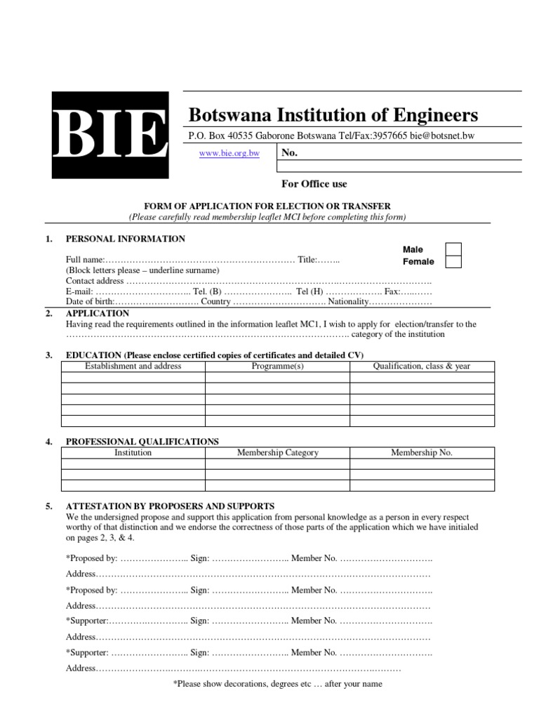 Botswana Institution of Engineers: P.O. Box 40535 Gaborone Botswana Tel ...